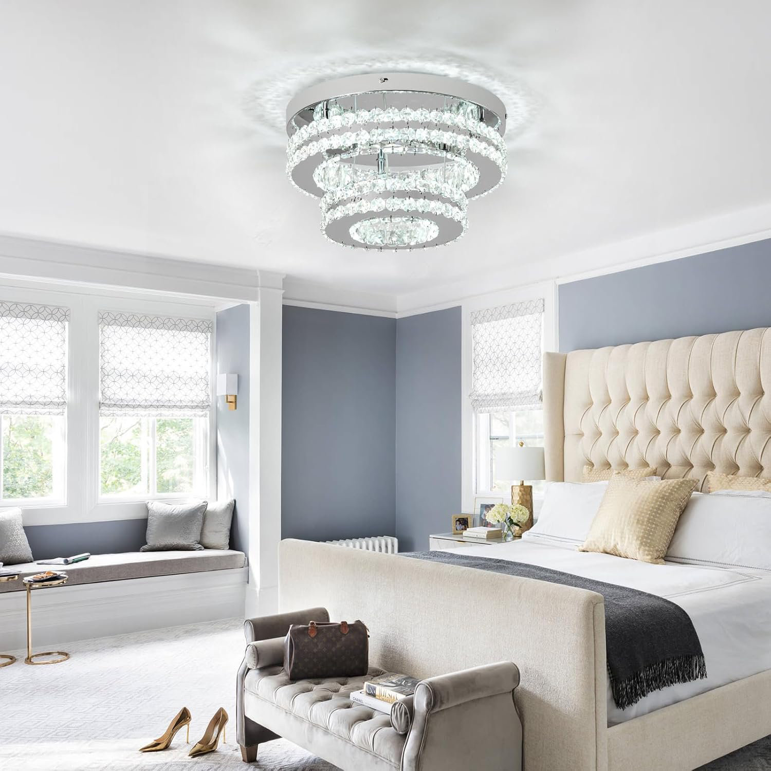 Mercer41 11.8" Crystal Chandeliers Flush Mount LED Ceiling Light Fixtures Round Modern LED ...